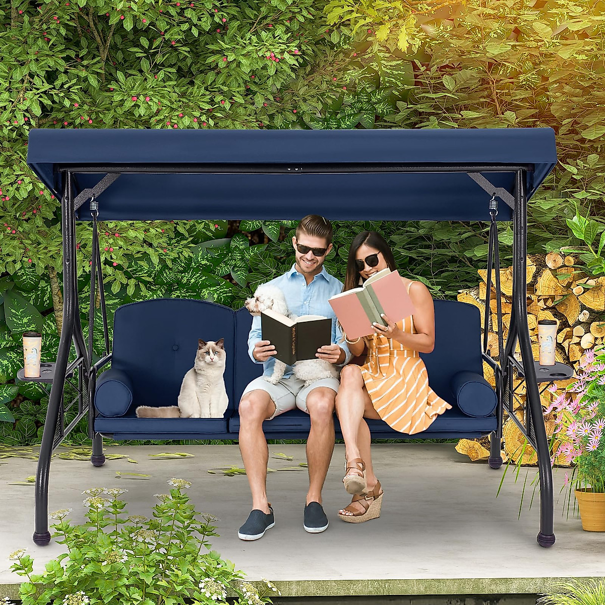 HOMREST 3 Seat Outdoor Porch Swing with Adjustable Canopy, Convertible Patio Swing Bed with Stand, Patio Glider Swing with Upgraded Cup Holder, Thicken Cushions ＆ Pillow for Backyard (Blue)