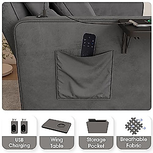 Vabches Sofa Bed Chair with Wing Table and USB Ports Outlet, 3-in-1 Sofa Chair Bed with Two Pillows, Velvet Sleeper Chair with Adjustable Backrest, Easy Assembly, Dark Grey