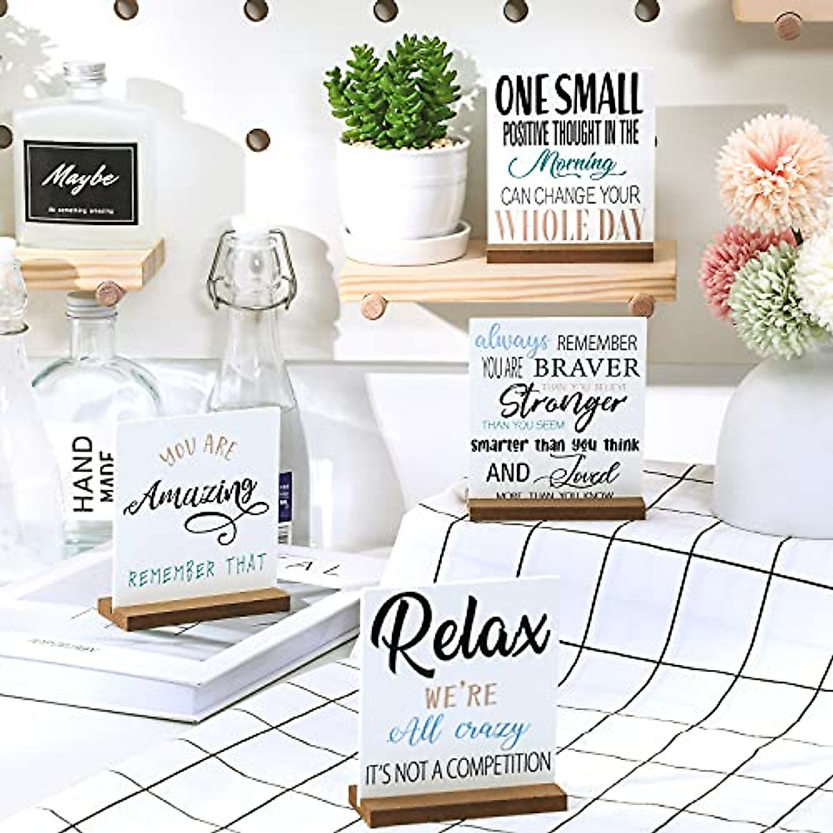4 Pieces Inspirational Quotes Desk Decor Wood Block Plaque Positive Wooden Table Signs Decorative Wood Table Sign Centerpiece for Women Desk Office Decor Party Table Accessories (Classic Style)