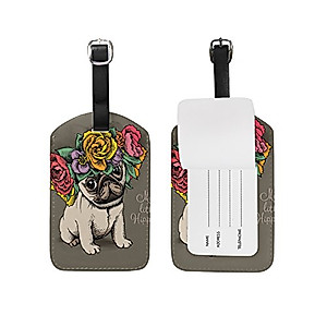 ALAZA Hippie Pug Dog Floral Luggage Tag for Baggage Suitcase Bag Leather 1 Piece
