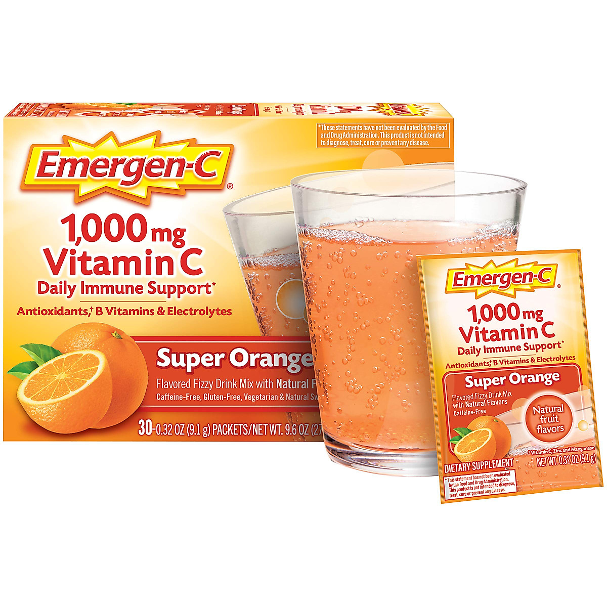 Emergen-C 1000mg Vitamin C Powder for Daily Immune Support Caffeine Free Vitamin C Supplements with Zinc and Manganese, B Vitamins and Electrolytes, Super Orange Flavor - 30 Count