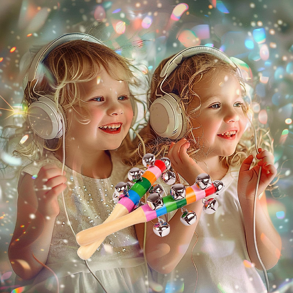 2 Pack Vivid Color Rainbow Handle Wooden Bells Jingle Stick Shaker Rattle 10 Jingle Bells Baby Kids Children Musical Toys