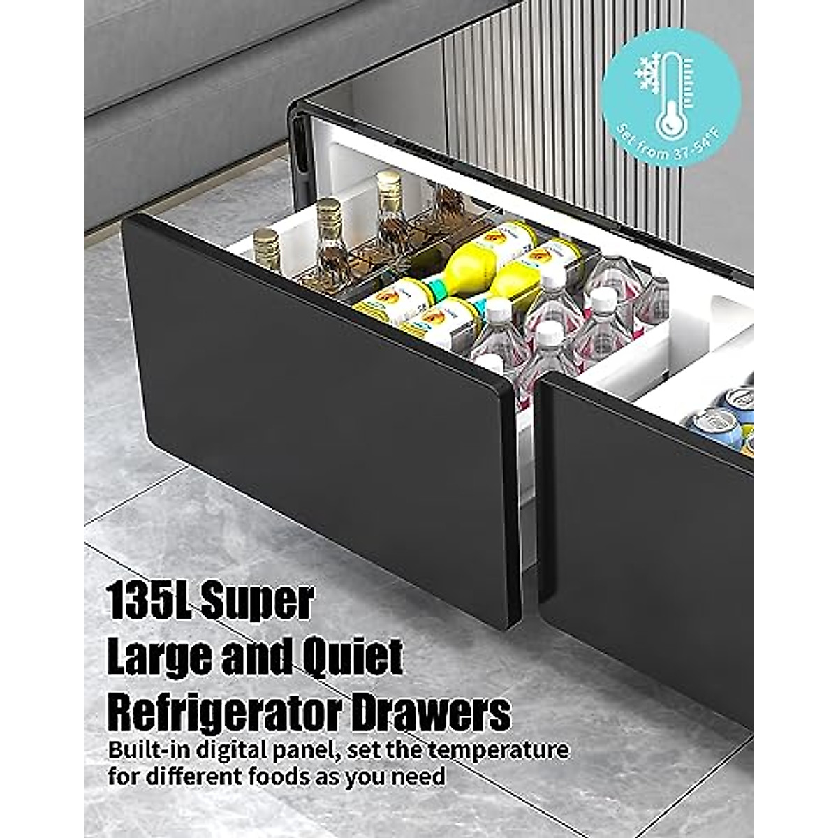 LIVTAB Smart Coffee Table, 27.8" D x 51" W x 18.1" H, Living Room Table with Built in Fridge and Speakers, Smart Table with 15W Wireless Charging, USB Chargers and 110V Outlets (Black)