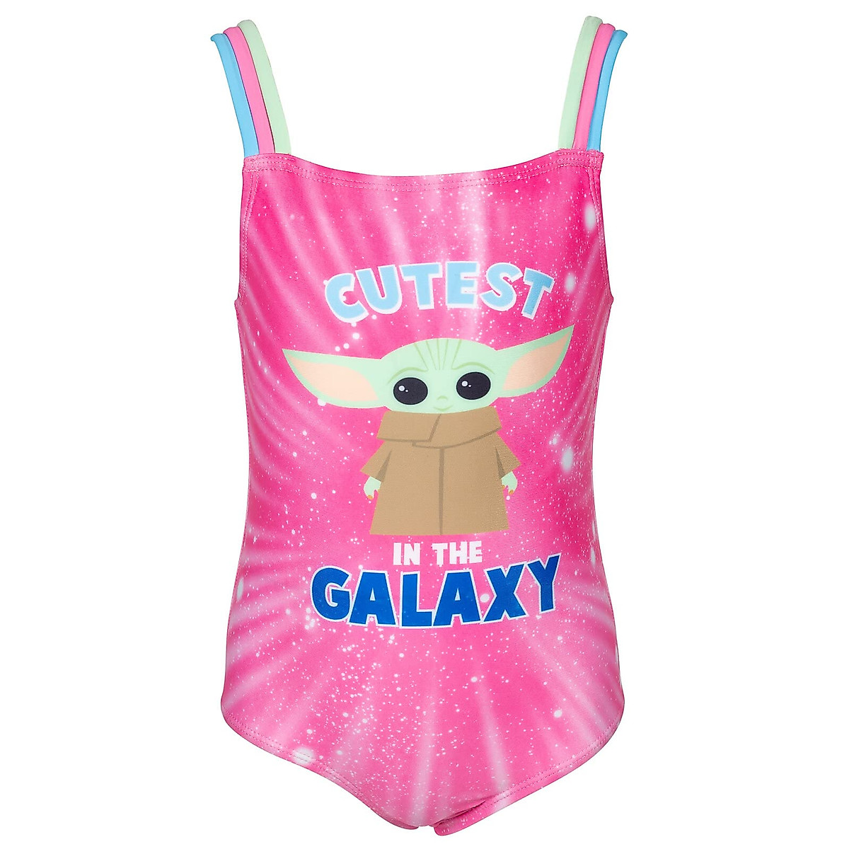 STAR WARS The Mandalorian Baby Yoda Big Girls 4 Piece Swimsuit Set: One-Piece Swimsuit Swim Rash Guard Tankini Top Bottom Pink/Blue 10-12