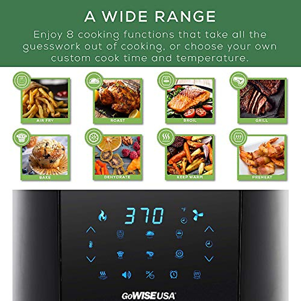 GoWISE USA 7-Quart Air Fryer & Dehydrator - with Ergonomic Touchscreen Display with Stackable Dehydrating Racks with Preheat & Broil Functions + 100 Recipes (Black/Copper))