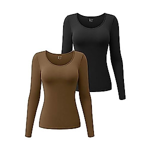 OQQ Women's 2 Piece Long Sleeve Shirt Round Neck Stretch Fitted Underscrubs Layer, Black,coffee, Small