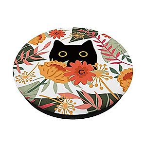 Funny Black Cat Hiding In Spring Flowers Floral Sage Green PopSockets Swappable PopGrip