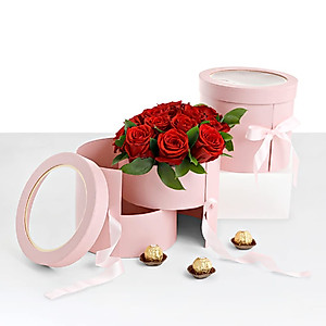 UNIKPACKAGING Premium Quality Round Flower Box, 2 TIER Gift Box with Lid, Size 7.8 dia. x 7 inch for Luxury Style Flower Arrangements (Pink)