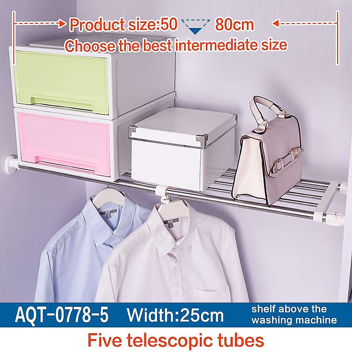 Hershii Expandable Shelf Rod Closet System 5-Bar Telescopic Heavy Duty Clothes Hanger Adjustable DIY Storage Organizer Shoe Rack