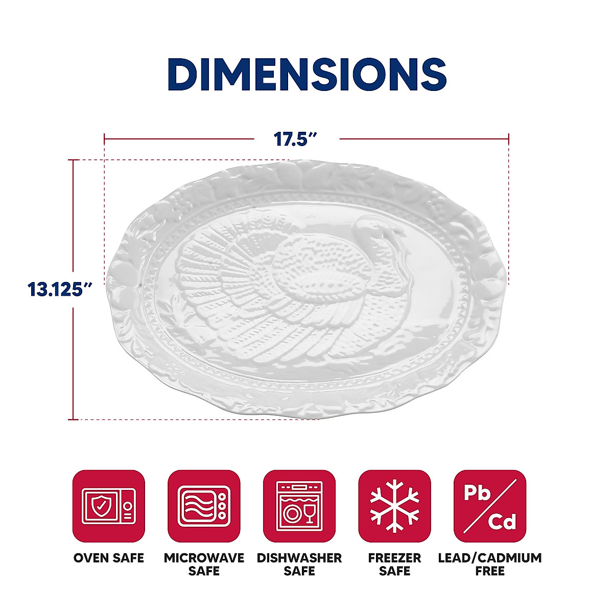 HIC Kitchen Turkey Embossed Serving Platter, Fine White Porcelain, Oversized