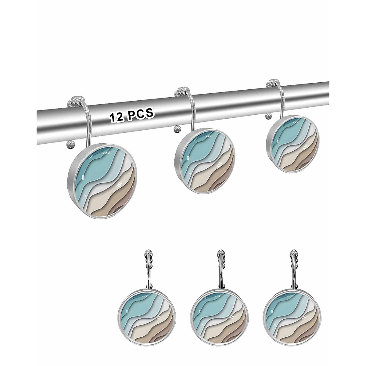 Turquoise Brown Cream Shower Curtain Hooks, Beach Geometric Gradient Striped Teal Decorative Shower Curtain Hooks for Bathroom Abstract Modern Stainless Steel Rustproof Shower Curtain Rings Set of 12