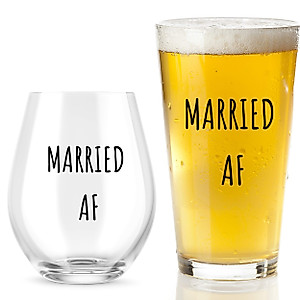 Married AF Wine Glass And Beer Glass Gift Set - Funny Mr And Mrs Wedding Or Engagement Gifts - Great For Couples, Newlyweds, And Anniversaries