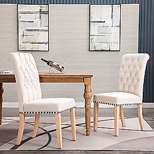 LOULENS Linen Fabric Dining Chairs, Set of 2 Modern Parson Chair, Fashionable Dining Room Chairs with Nailheads Trim, Button Tufting, Solid Wood Legs Living Room Chairs,Beige