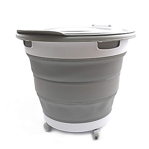 SAMMART 66L(17.4 Gallon) Collapsible Plastic Garbage Bin with Wheels & Removable Lid-Foldable Pop Up Container-Portable Washing Tub-Space Saving Basket,Water Capacity 56L(14.8 Gallon) (1, Grey)