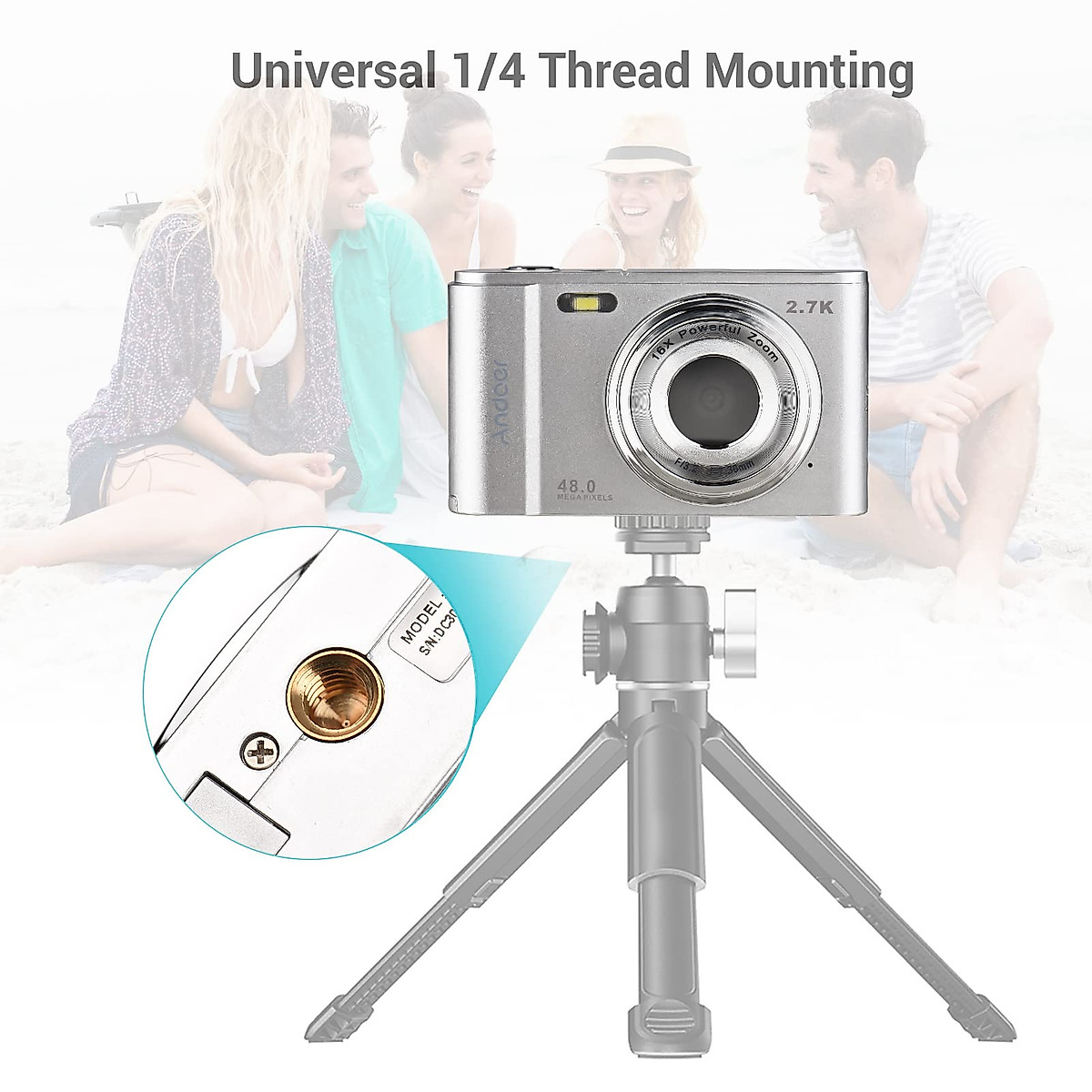 Andoer Portable Digital Camera 48MP 2.7K 2.88-inch IPS Screen 16X Zoom Auto Focus Self-Timer 128GB Extended Memory Face Detection Anti-Shaking with 2pcs Batteries Hand Strap Carry Pouch