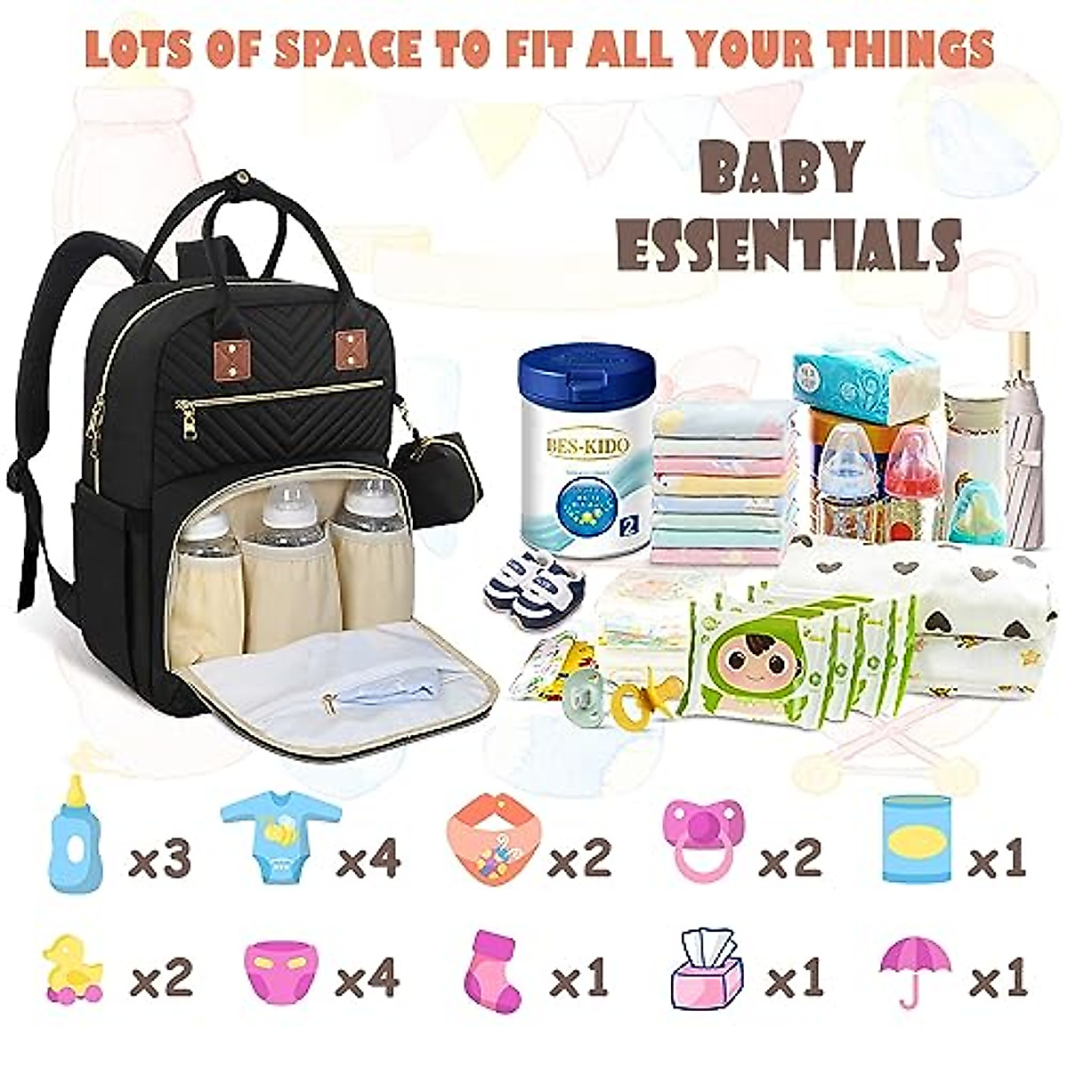 Tenot Baby Diaper Bag Backpack, Travel Diaper Bags for Baby Girl Boy Large Capacity Baby Bag Backpack for Women Black