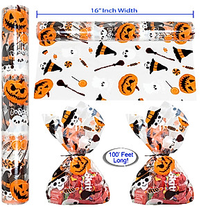 AnapoliZ Halloween Cellophane Wrap Roll | 100’ Ft Long X 16” in. Wide | 2.3 Mil Thick, Crystal Clear with Halloween Designs| Gifts, Baskets, Treats Cello Wrapping Paper | Pumpkin, Witches Cello Roll