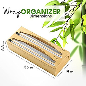 Utopia Kitchen 2 in 1 Plastic Wrap Dispenser with Cutter, Aluminum Foil and Plastic Wrap Organizer with Cutter, Bamboo Dispenser for Kitchen Organization and Storage - Fits 12 Inch Rolls - Natural