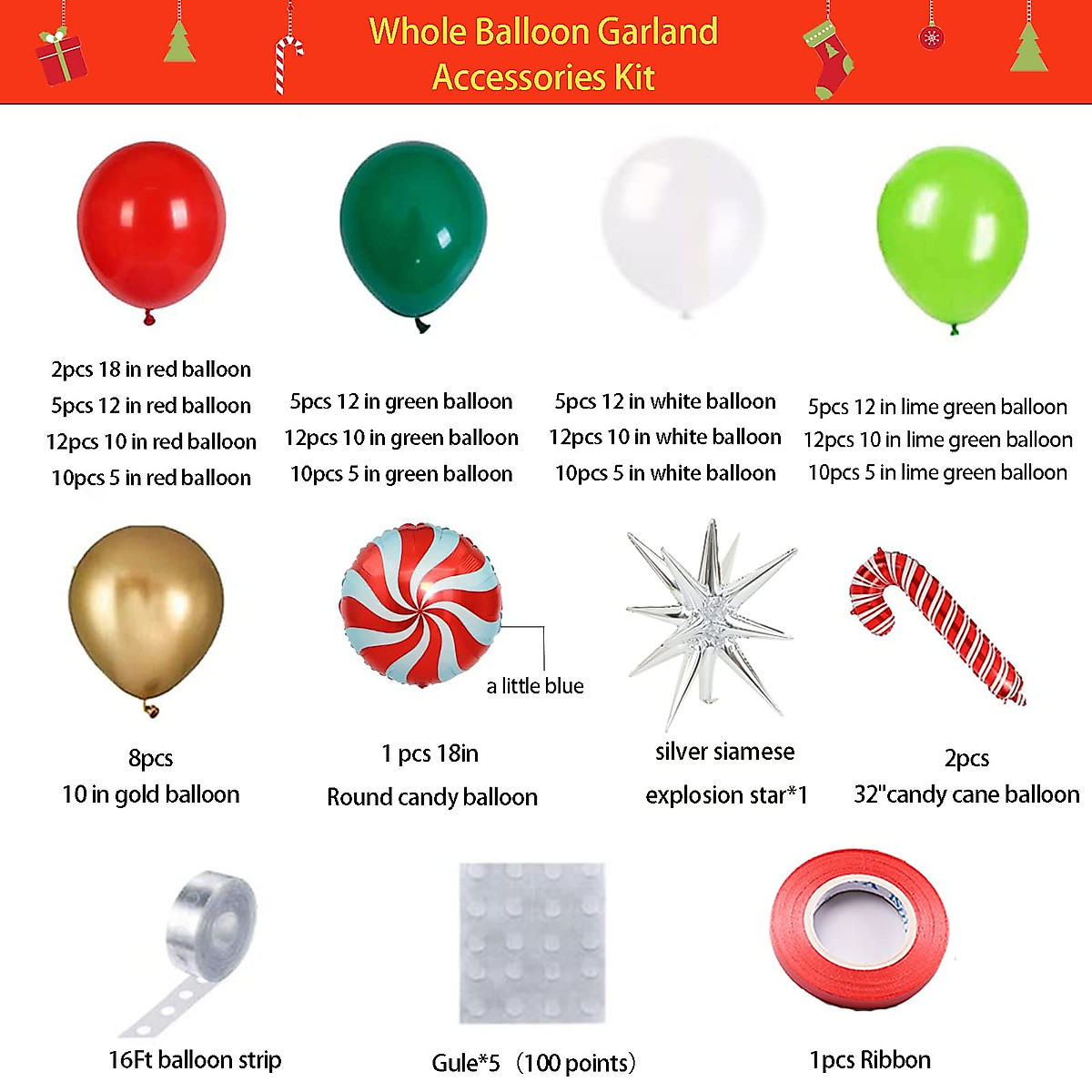 CboDeco Christmas Balloon Garland Arch Kit with 125pcs Balloons (Red, Green, White) for Christmas Party Decorations