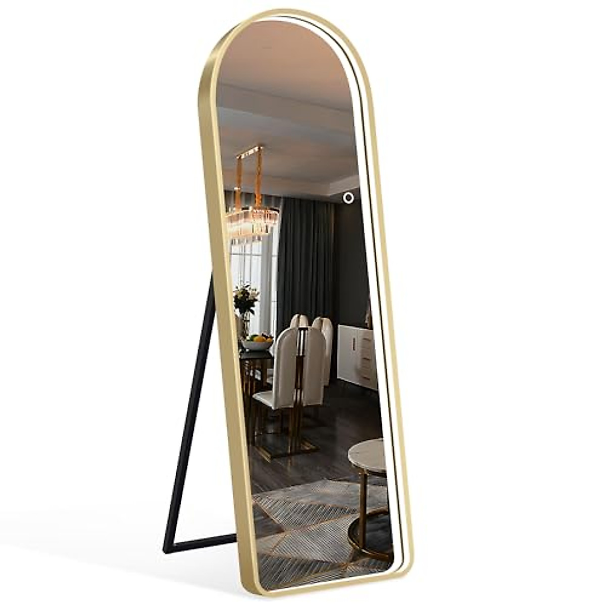 SDHYL Arched Full Length Mirror with Lights, 64"x20" LED Mirror Full Length with Stand, Full Body Mirror with Touch Button and Plug, Dimmable Brightness Dressing Mirror for Living Room, Gold
