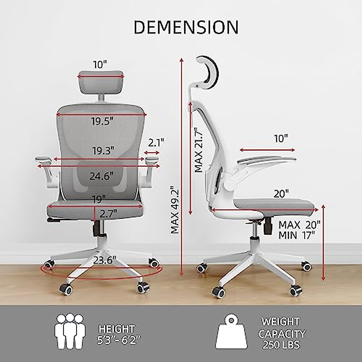 Monhey Ergonomic Office Chair, Home Office Desk Chairs with Adjustable Headrest, Lumbar Support, 2D Armrest, Big and Tall Office Chair 220lbs Heavy Duty Office Chair with Metal Base - Grey