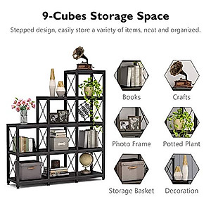 Tribesigns 12 Shelves Bookshelf, Industrial Ladder Corner Bookshelf 9 Cubes Stepped Etagere Bookcase, Rustic 5-Tier Display Shelf Storage Organizer for Home Office (Black)