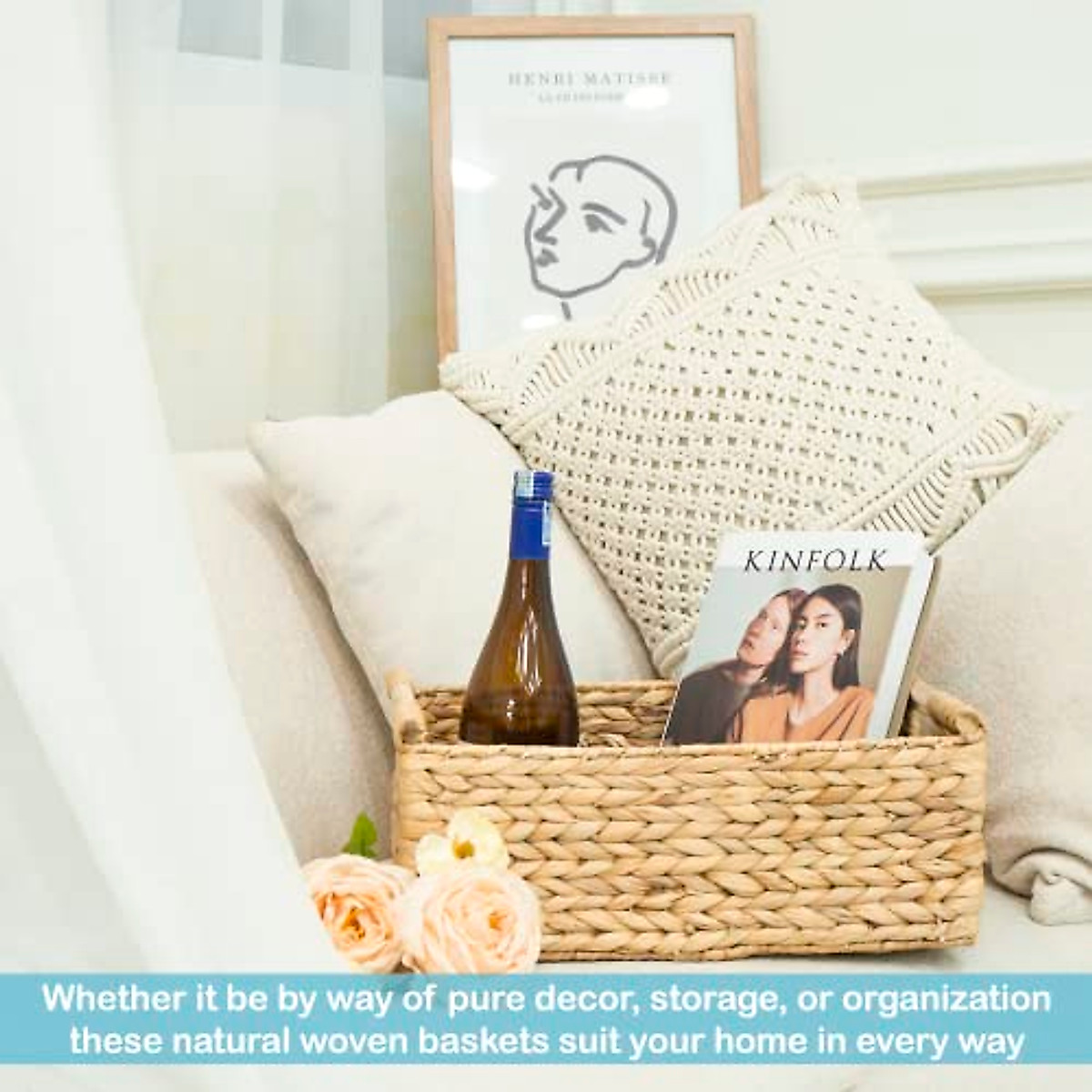 Large Wicker Basket Rectangular with Wooden Handles for Shelves, Water Hyacinth Basket Storage, Natural Baskets for Organizing, Wicker Baskets for Storage 15.5 x 10.8 x 6.2 inches