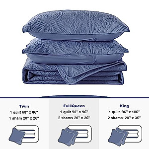 GRT Quilt Set King Size - Navy Lightweight Summer Quilt Bedding Set, Ultra-Soft Summer Microfiber Bedspread, Wrinkle Modern Style Coverlet for All Season - 3 Piece (1 Quilt, 2 Pillow Shams)