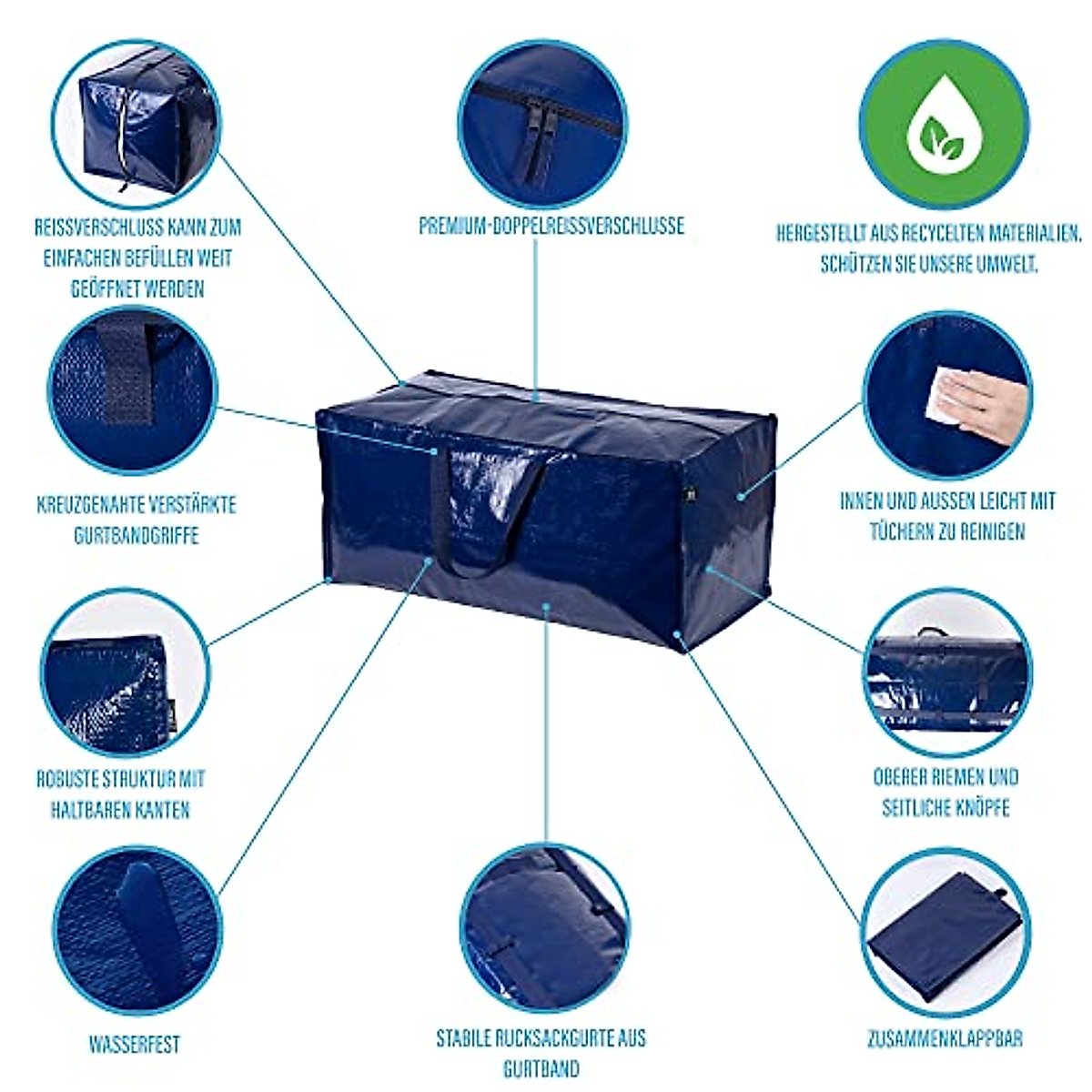 VENO Heavy Duty Extra Large Moving Bags W/ Backpack Straps Strong Handles & Zippers, Storage Totes For Space Saving, Fold Flat, Alternative to Moving Box, Made of Recycled Material (Blue - Set of 10)