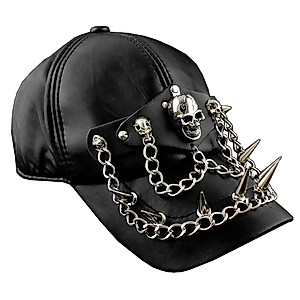 Cool Spike Goth Skull Real Leather Cap Bassbal Hat Men's Biker Punk Rock Black