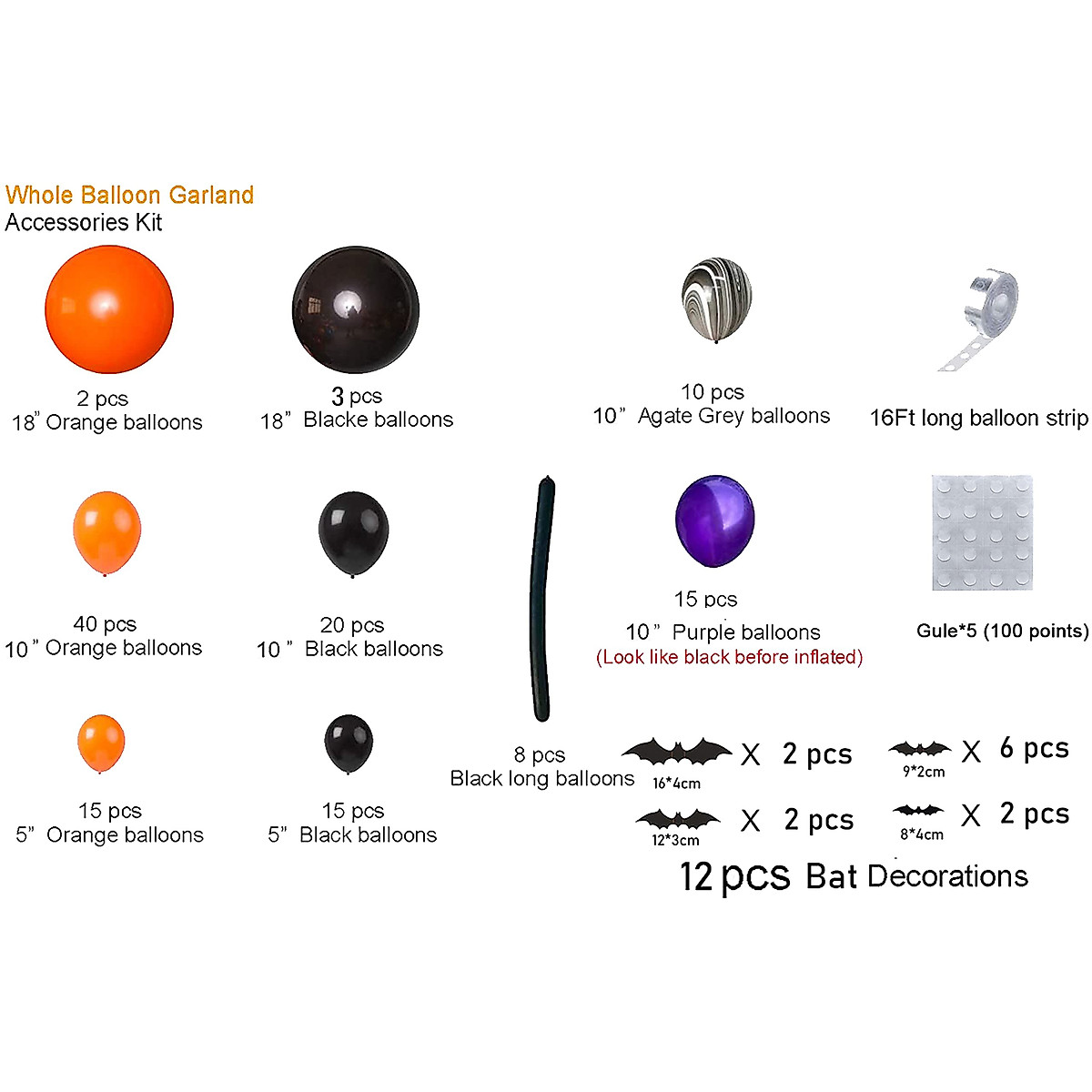Bonropin Halloween Balloon Arch Garland kit with Agate Grey Black Orange Purple Balloons Spider Balloons, long balloon, 3D Bat Sticker for Halloween Theme Party Background Classroom Decorations