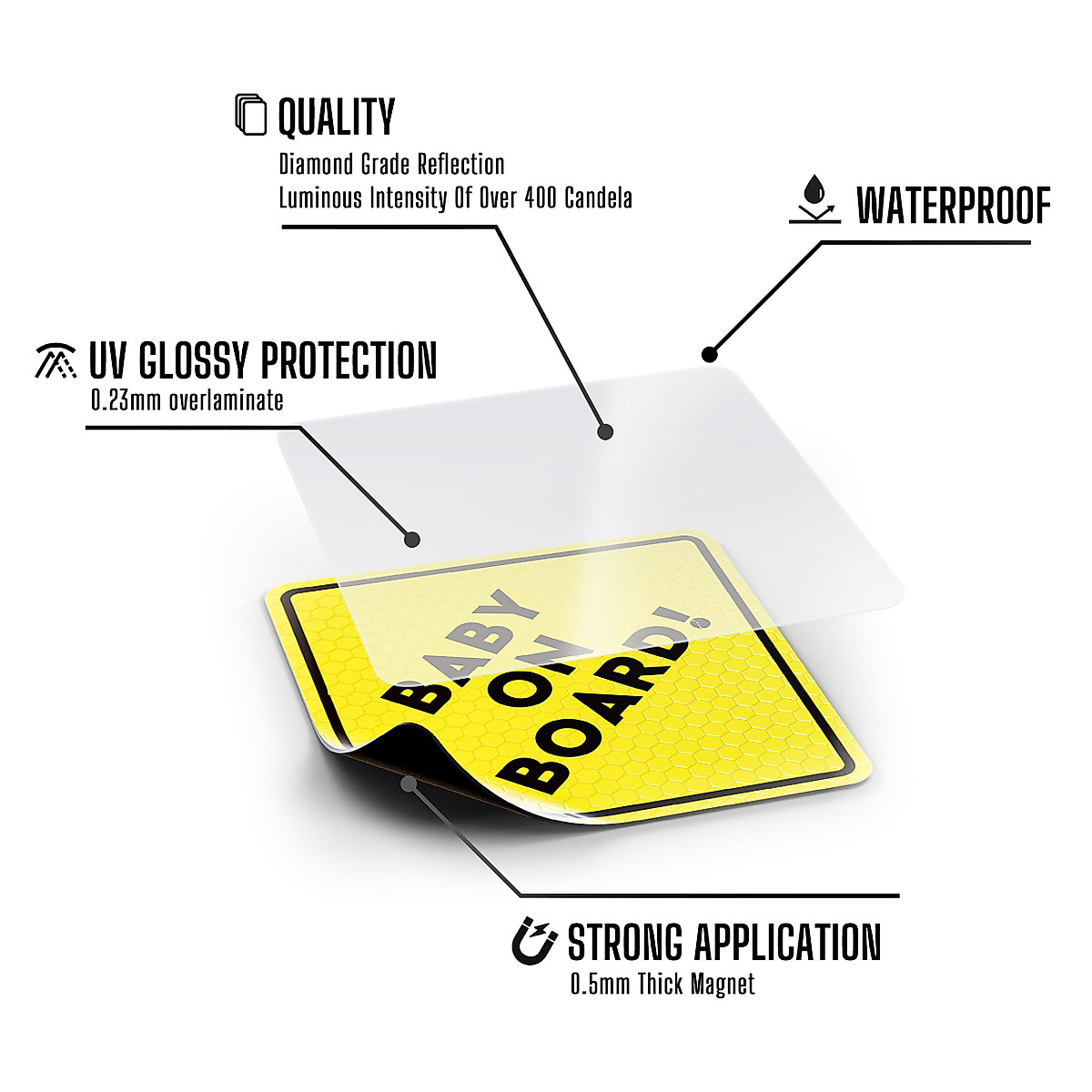 ASSURED SIGNS Baby On Board MAGNET for Car - 2 Pack, 5" by 5" - Essential Magnetic Sticker Sign for Bumper - Bright Yellow and Reflective - Best Safety Sign Accessories for Cars