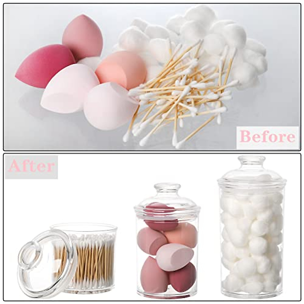 Lyellfe Set of 3 Acrylic Apothecary Jars, Vanity Organizer Canister with Airtight Lids, Bathroom Qtip Holder, Clear Storage Jar for Candy, Bath Salt, Cotton Ball, Cotton Swab, 34 oz, 25 oz, 17 oz