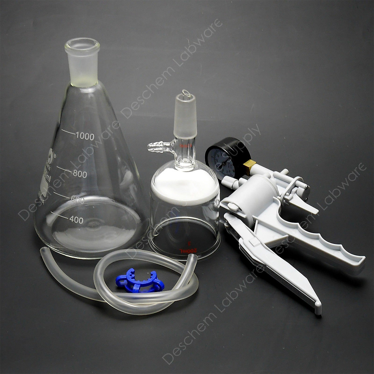 Deschem 1000ml,Vacuum Suction Filter Device,200ml Buchner Funnel,1L 24/40 Erlenmeyer Flask,with Handle Pump