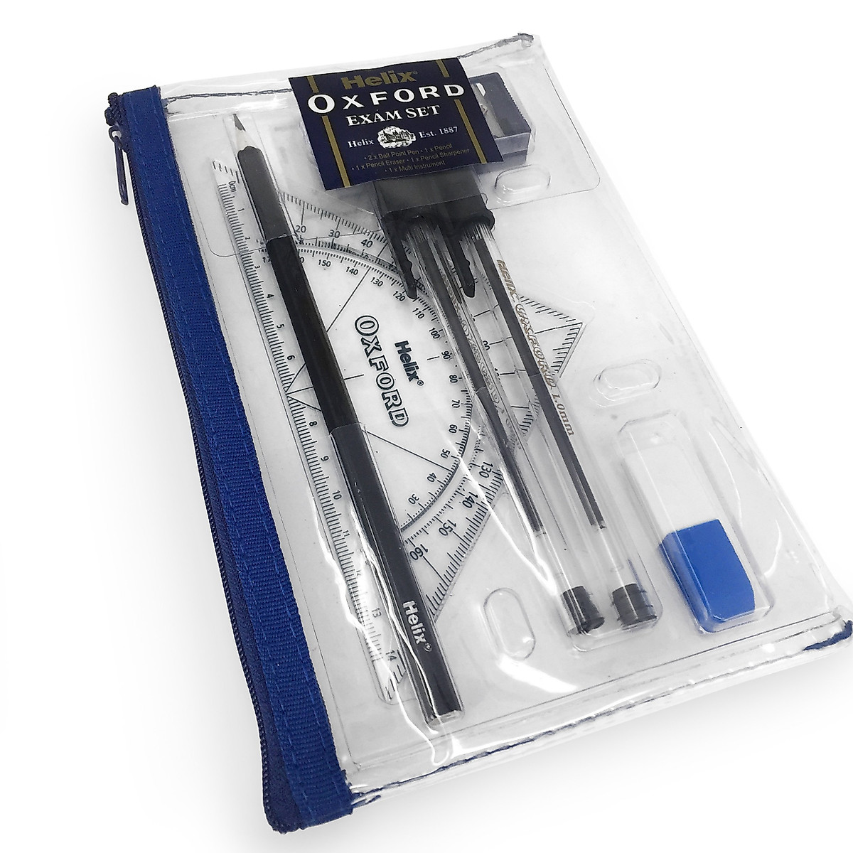 Helix Oxford Exam Set of 7 – Pens, Pencil, Eraser, Sharpener, Multi Instrument, Pencil Case