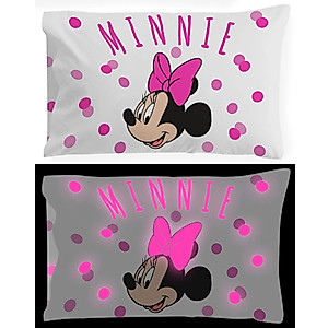 Jay franco Disney Minnie Mouse Glow in The Dark 2 Pack Reversible Pillowcases - Double-Sided Kids Super Soft Bedding (Official Disney Product)