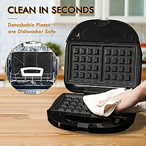 ORFELD Sandwich Maker, Waffle Maker, Panini Press Grill 3 in 1, with Non-Stick Removable Plates, Fast and Even Heating, Portable Handle, LED Indicator Lights, for Breakfast and Christmas Gift, Silver