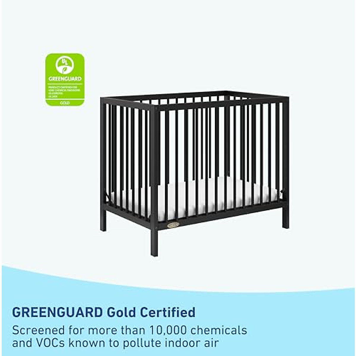 Graco Teddi 4-in-1 Convertible Mini Crib with Bonus Water-Resistant Mattress (Black) – GREENGUARD Gold Certified, 2.75-Inch Mattress Included, Convenient Size, Easy 30-Minute Assembly