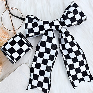 TONIFUL 2.5 Inch Black and White Wired Edge Ribbon, Plaid Check Burlap Ribbon, Blakc White Wired Ribbon for Gift Wrapping, Wreath Bows Making, Crafts Home Party Christmas Tree Decoration（Check，6yds）