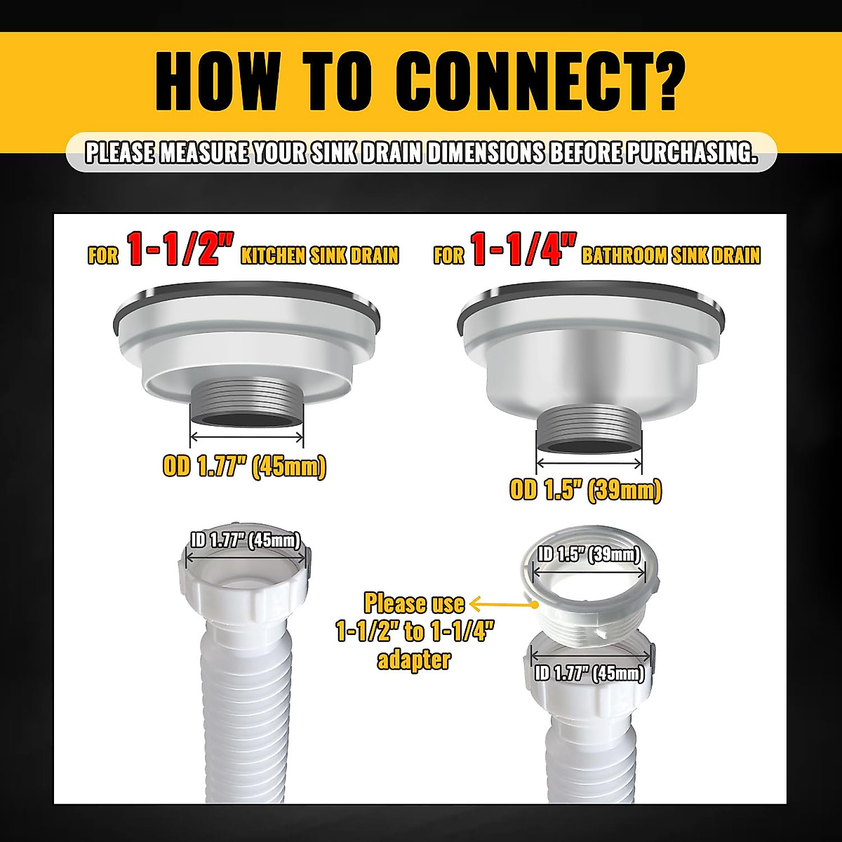 VIVIDA 1-1/2" Sink Drain Pipe Kit, Flexible Sink Drain Pipe P-Trap, 7.5"-17.7" Flexible Sink Drain P-Trap for Bathroom Sink and Kitchen Sink, 1-1/4" Adapter Included, 1 PACK