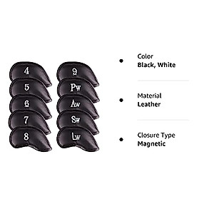 All Teed Up Premium Magnetic Leather Iron and Wedge Golf Club Head Covers | Set of 10 | Fits Most Clubs | Embroidered Club Label on Both Sides of Club Head Cover