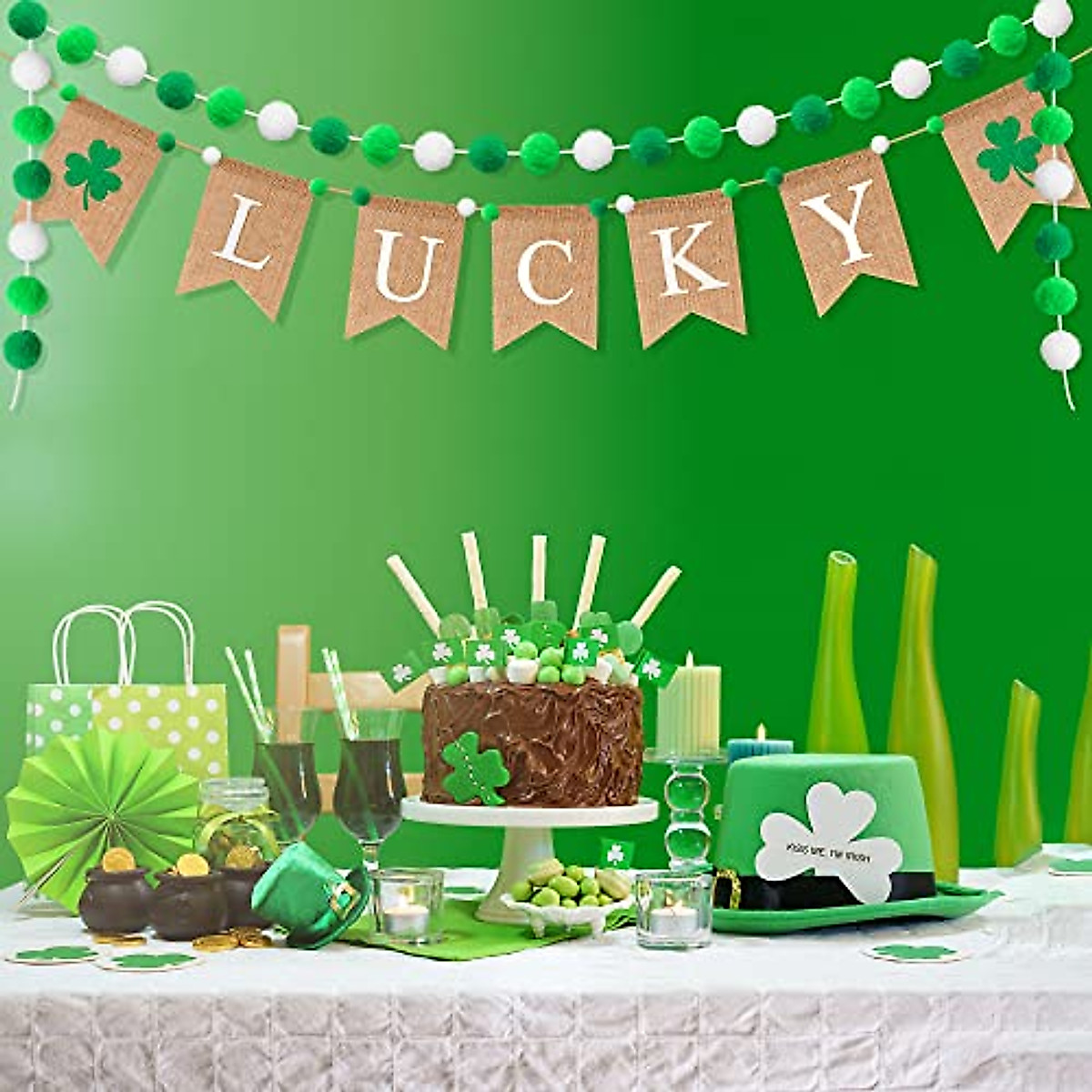 WATINC 2PCS St. Patrick's Day Burlap Banner Felt Ball Garland Set, Shamrock Bunting Pom Pom Garlands Decoration, Lucky Clover Hanging Decor for Saint Patty’s Day Party Mantle Fireplace Home Wall
