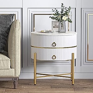 O&K FURNITURE White Round Side Table for Living Room, Marble End Table with 2 Drawers, Modern Nightstand with Metal Legs for Bedroom, White & Gold