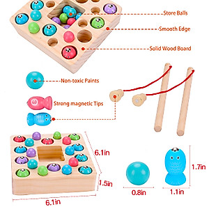 Montessori Toys for Toddlers Wooden Fishing Game Fine Motor Skill Autism Toys Occupational Therapy Learning Magnet Fishing Pole Clamp Chopsticks Preschool Math Game for Kids Age 3 4 5 6 Year Old