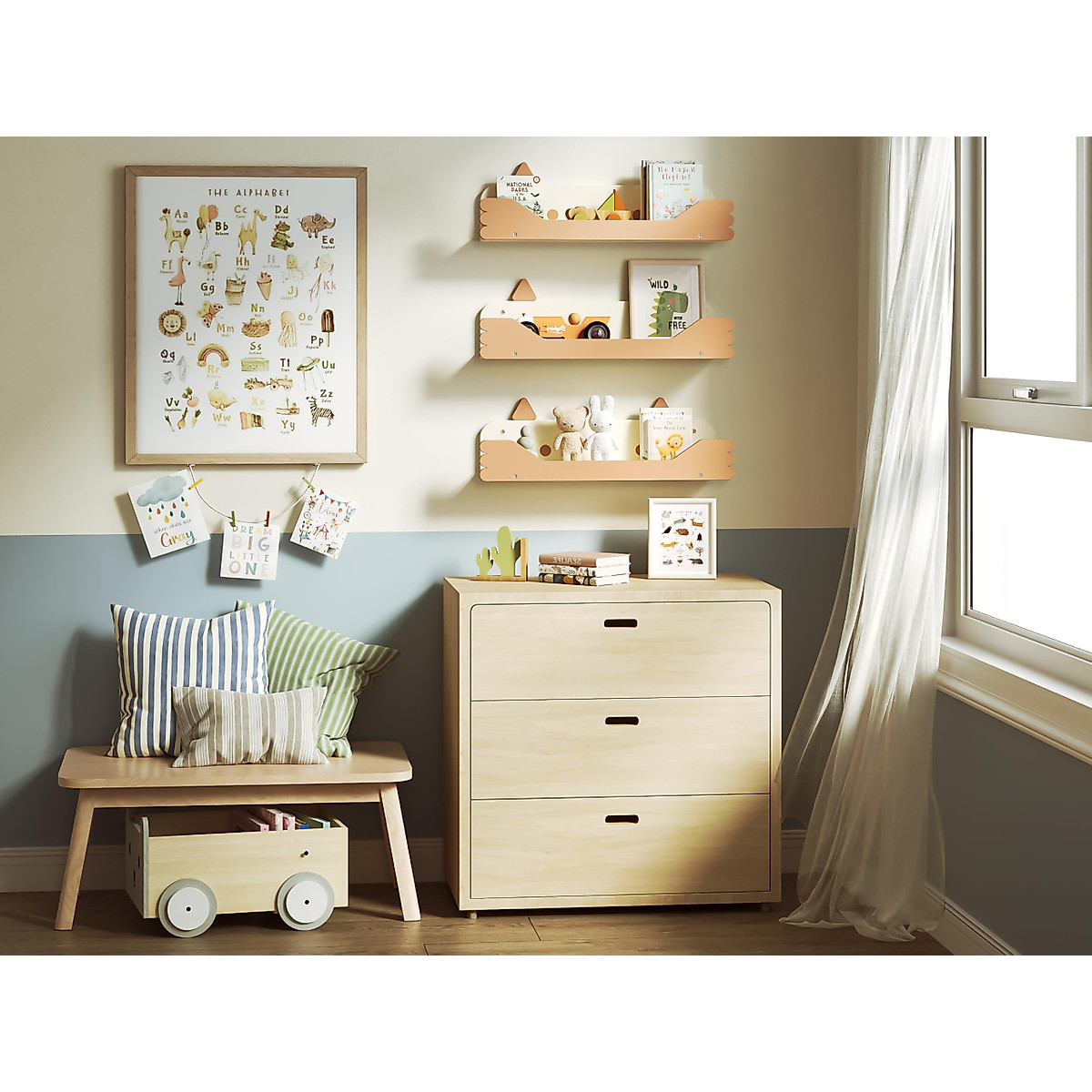 TomVista Nursery Floating Shelves, 16.5 Inches Cute Decorative Shelf for Bedroom, Kids' Room, Wall Mounted Wood Bookshelf Organizer for Wall Storage, White/Sandy Beige, Set of 3