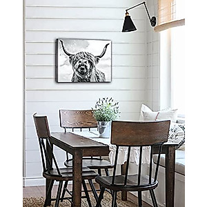 Highland Cow Canvas Print Black and White Highland Cow Wall Art Farmhouse Wall Decor Longhorn Highland Cattle Picture Stretched and Framed Ready to Hang for Living Room Bathroom Decor 12x16inch for fengyuyi