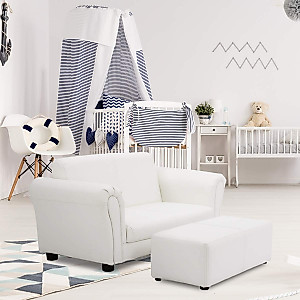 Costzon Kids Couch with Footstool, 2 in 1 Double Seat Children's Sofa w/PU Leather Surface, Armrest Chair Lounge, Soft Kids Sofa for Preschool Bedroom Kids Room Toddlers Boys Girls Birthday (White)
