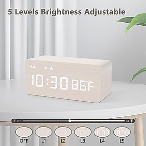 MOSITO Digital Wooden Alarm Clock with Wireless Charging, 0-100% Dimmer, Dual Alarm, Weekday/Weekend Mode, Snooze, Wood LED Clocks for Bedroom, Bedside, Desk, Kids (White)