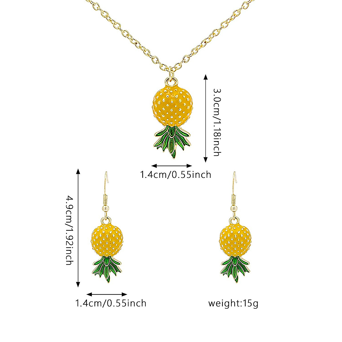 Tropical 2pcs Yellow Ruit Green Leaf Pineapple Earings Pendant Necklace Suit for Women Fashion Dangle Earings Jewellery