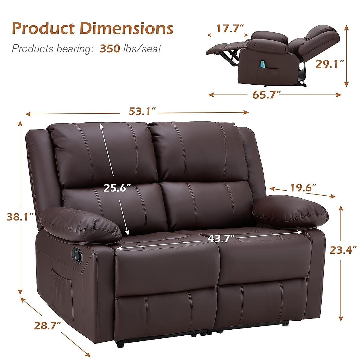 YODOLLA Recliner Loveseat with Heat and Massage Function, Wall-Hugger Reclining Sofa 2-Seater Modern Manual Control Faux Leather RV Couch, Theater Lounge Seat with Side Pockets, Brown